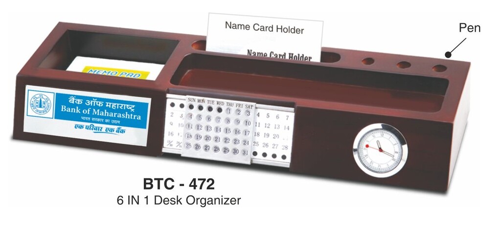 Wooden Desk Organizer With Perpetual Calendar, Clock, Visiting Card ...
